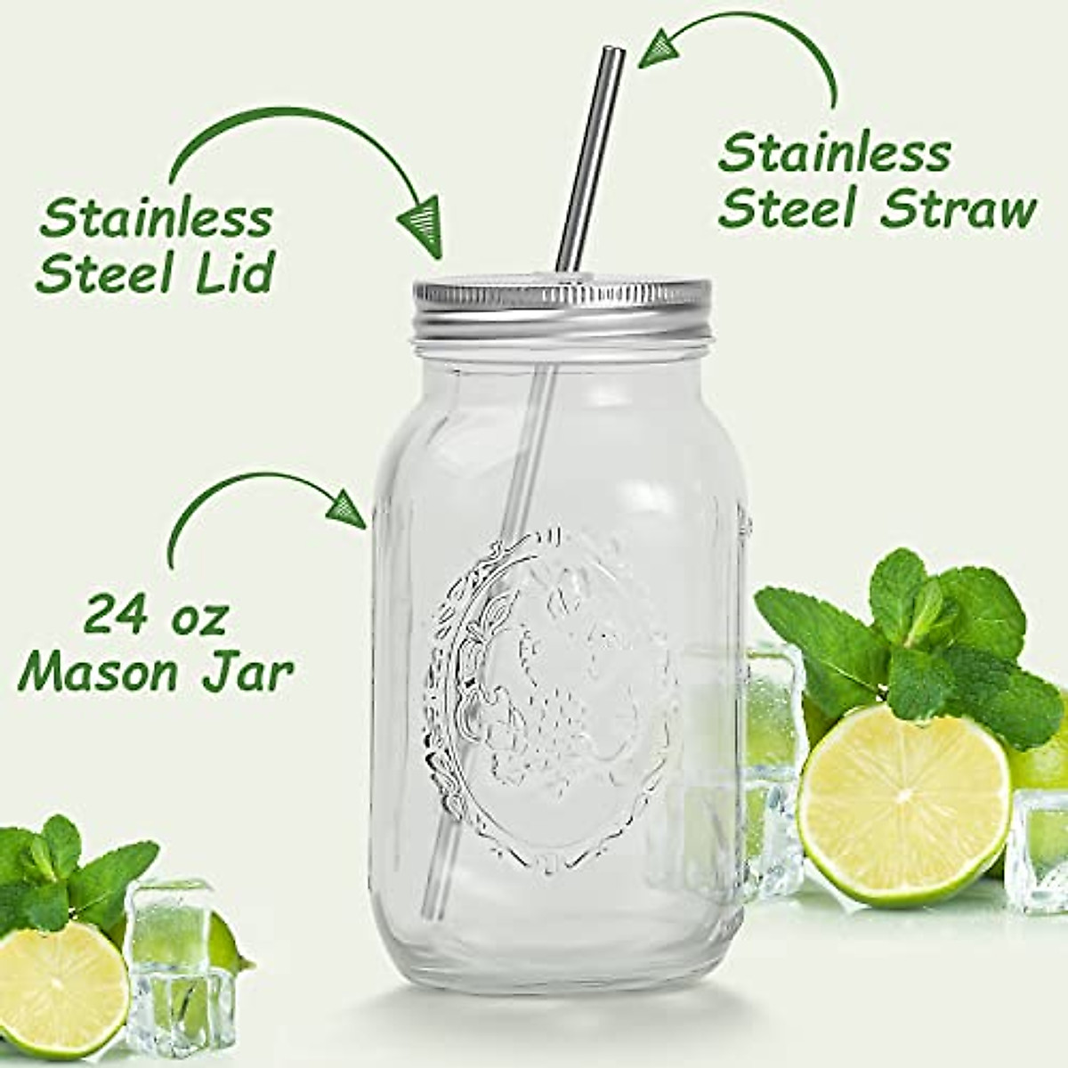 Smoothie Cups, Glass Mason Drinking Jar, 24oz Smoothie Cups with Lid and Stainless Steel Straw, Regular Mouth Mason Jars, Drinking Mugs, Tea Cup Travel Mug, Ideal for Juice, Milk (Pack Of 2, Clear)