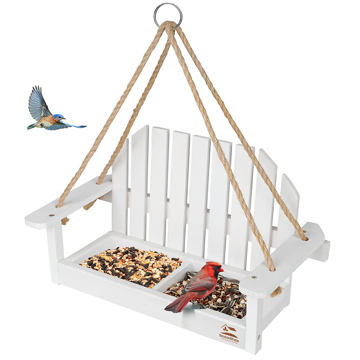 Solution4Patio White Swing Wild Bird Feeder for Outside, Metal Mesh Bottom, Cute Bench Bird Feeder or Squirrel Feeder for Yard, Porch Decoration, Large Capacity, Easy to Fill & Clean, #8455