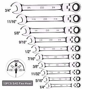 Prostormer 20-Piece SAE and Metric Ratcheting Wrench Set, Chrome Vanadium Steel Combination Ratchet Wrench Kit with Portable Roll-Up Canvas Bag (10Pcs Flex-Head + 10Pcs Fixed Head)