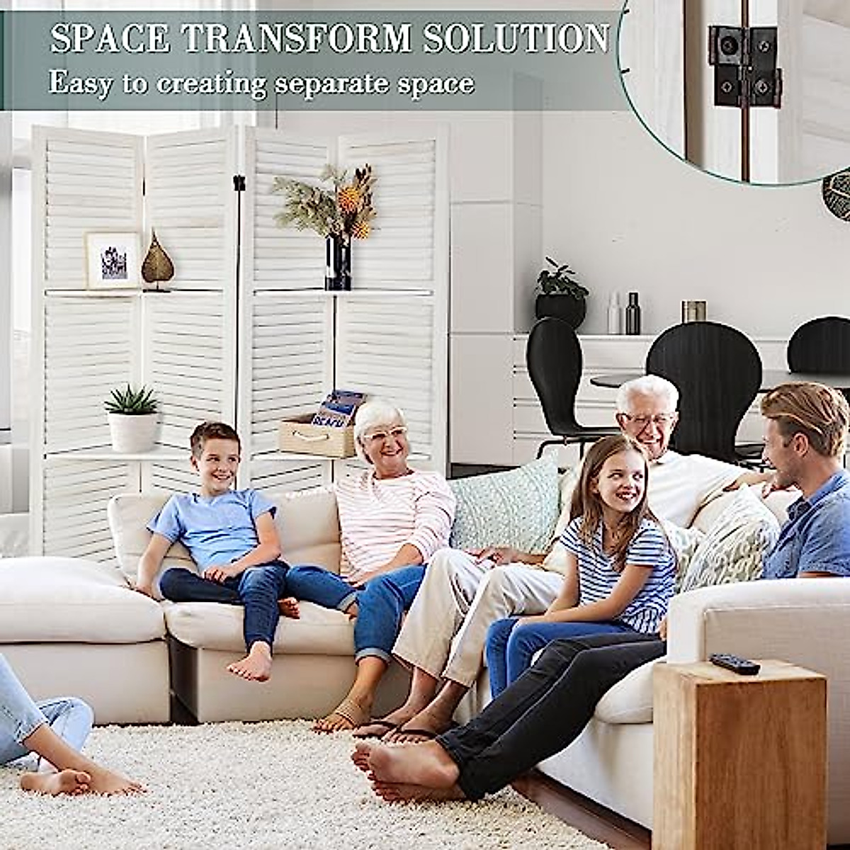 ECOMEX 4 Panel Room Divider with Shelves 5.6Ft Tall Folding Privacy Screens Room Dividers for Bedroom Home Double Hinged Wooden Room Dividers and Room Separator, White