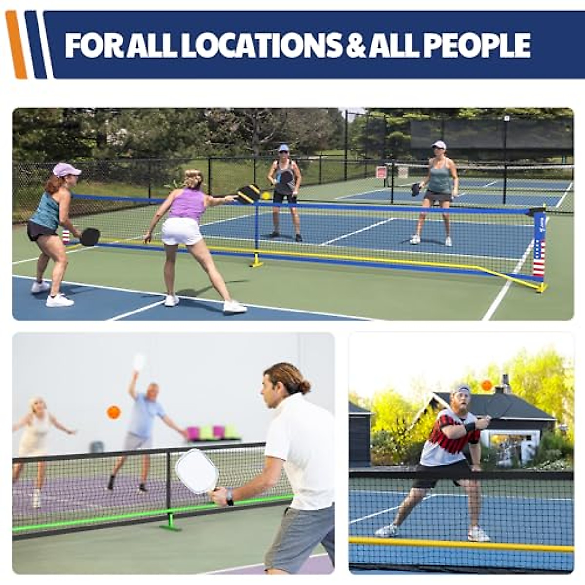 JAYA Pickleball Nets Portable Outdoor, 22FT Regulation Size Pickleball Net with Carrying Bag for Driveway Backyards Blue with Flag Blue