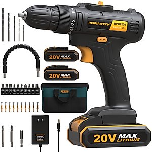 INSPIRITECH 20V Cordless Drill, Power Drill Set with 2 Batteries and Charger,3/8-Inch Chuck Electric Drill Kit with 24-Torque Setting, Drill Driver Bits and Tool Bag Included