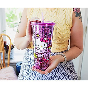 Silver Buffalo Sanrio Hello Kitty Rainbow Confetti Carnival Cup with Lid and Straw | 32 Ounces