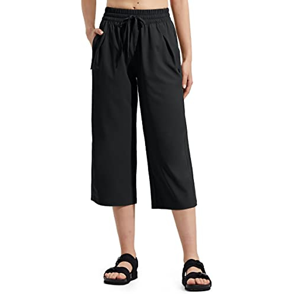 ZUTY Capri Pants for Women Wide Leg Lightweight Quick Dry Comfy Loose Lounge Sweatpants Capris Crop Pants Pockets Black-1 2XL
