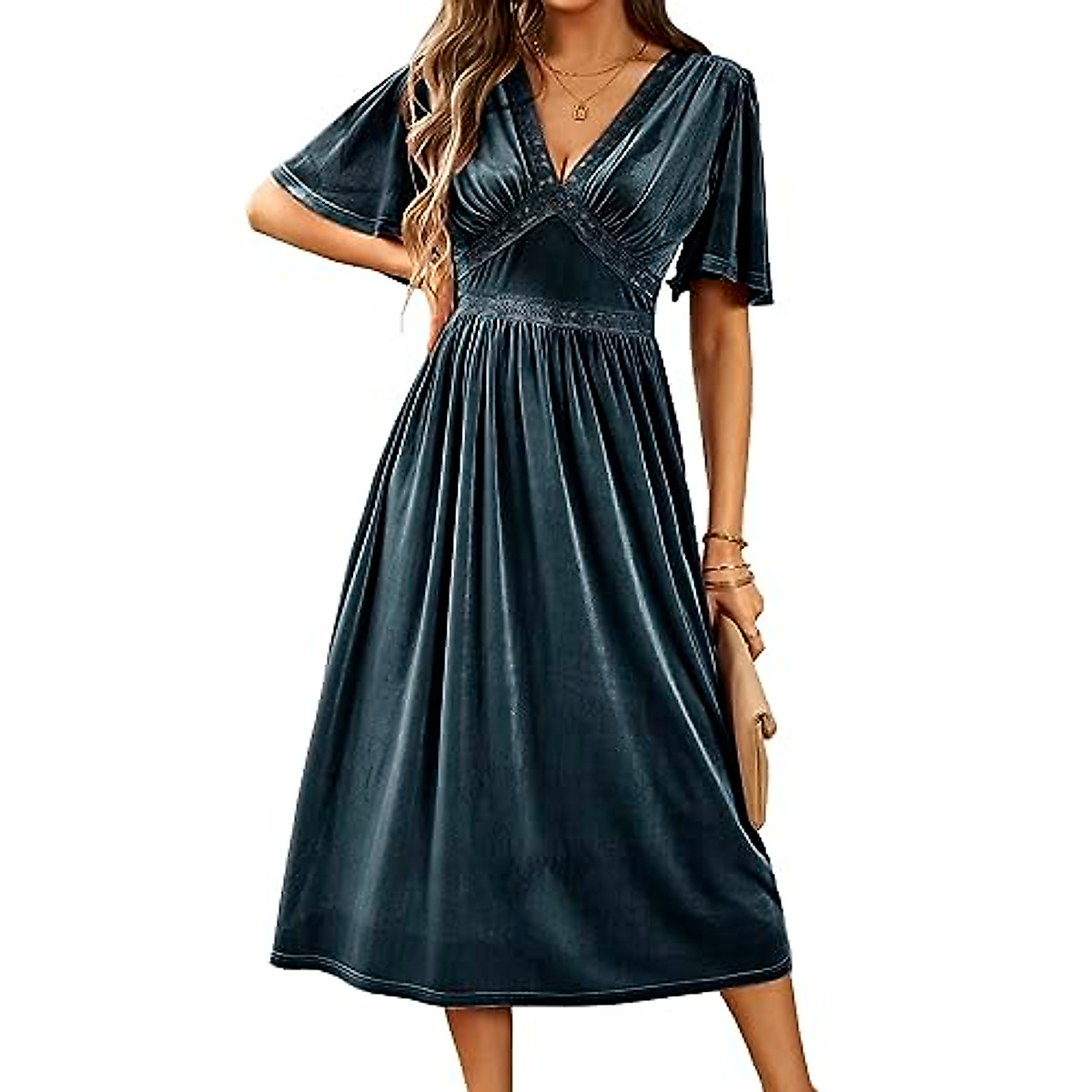 Zilcremo Women Deep V Neck Elegant Velvet Dress Bell Sleeve Lace Flowy Midi Party Dresses Greyblue S
