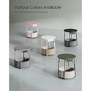 VASAGLE Side Table with Charging Station, Round End Table With Fabric Basket, Nightstand with Power Outlets USB Ports, for Living Room, Bedroom, Modern, Forest Green and Cream White ULET228C04