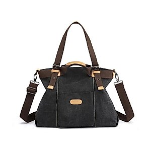 GJGJTER Women Soft Retro Casual All-match Tote Satchel Crossbody Hobo Messenger Canvas Shoulder Bag Clutches-Black