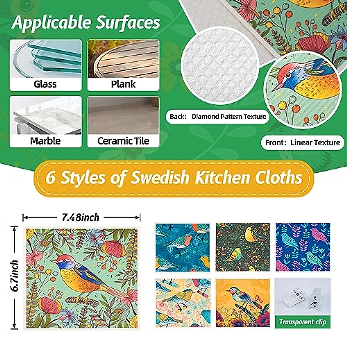 DecorWoo 6 Pack Swedish Dishcloths for Kitchen, Absorbent & Quick Drying Sponge Cleaning Cloths Set, Reusable Decorative Tea Towel, Biodegradable No Fading No Odor Bar Hand Towel (2 Clips