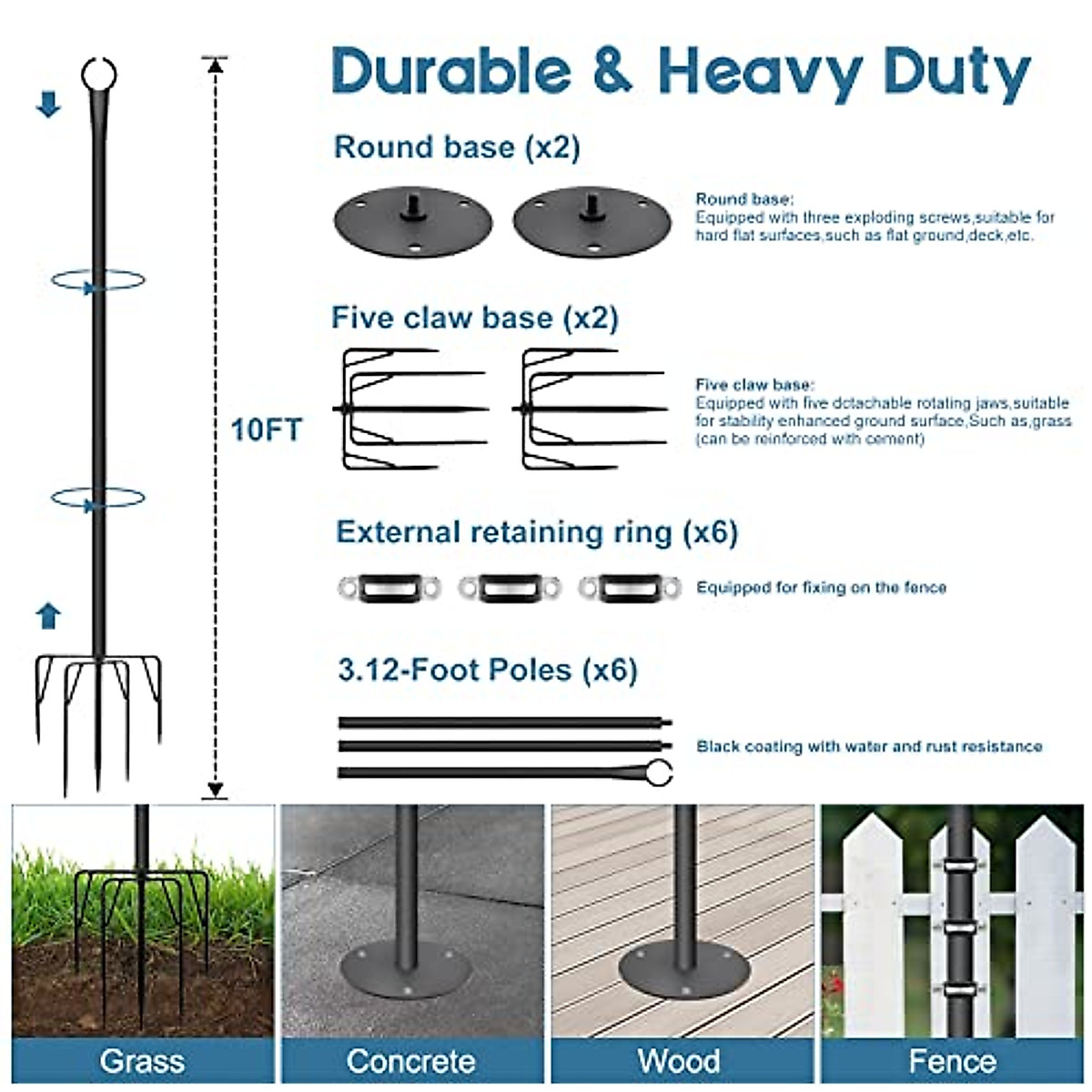 String Light Poles 10 FT, 2 Pack Light Poles for Outside String Lights, Outdoor Light Poles with Fork, Fence Brackets, Base for Hanging String Lights, Metal Poles Stand for Patio Deck Backyard