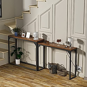 AISUNDY Console Table with Power Outlet & USB Ports, 63 Inch Narrow Long Sofa Table Set, Rustic Entryway Table Behind Sofa Couch, Industrial Vintage Hallway Table Nesting Side Table, Set of 2