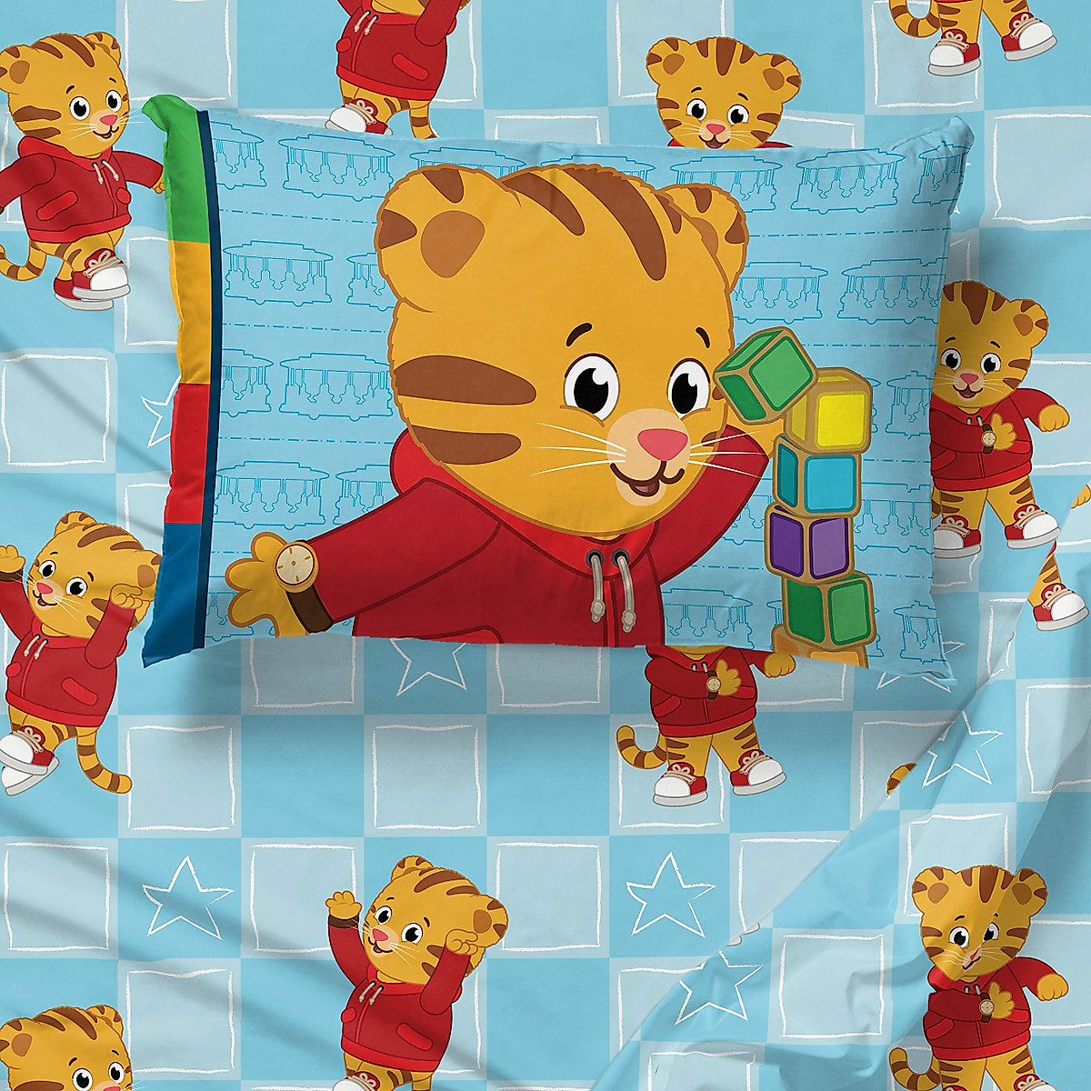 Daniel Tiger's Neighborhood Tiger Trolley 4 Piece Toddler Bed Set – Includes Comforter & Sheet Set Bedding - Super Soft Fade Resistant Microfiber (Official Daniel Tiger's Neighborhood Product)