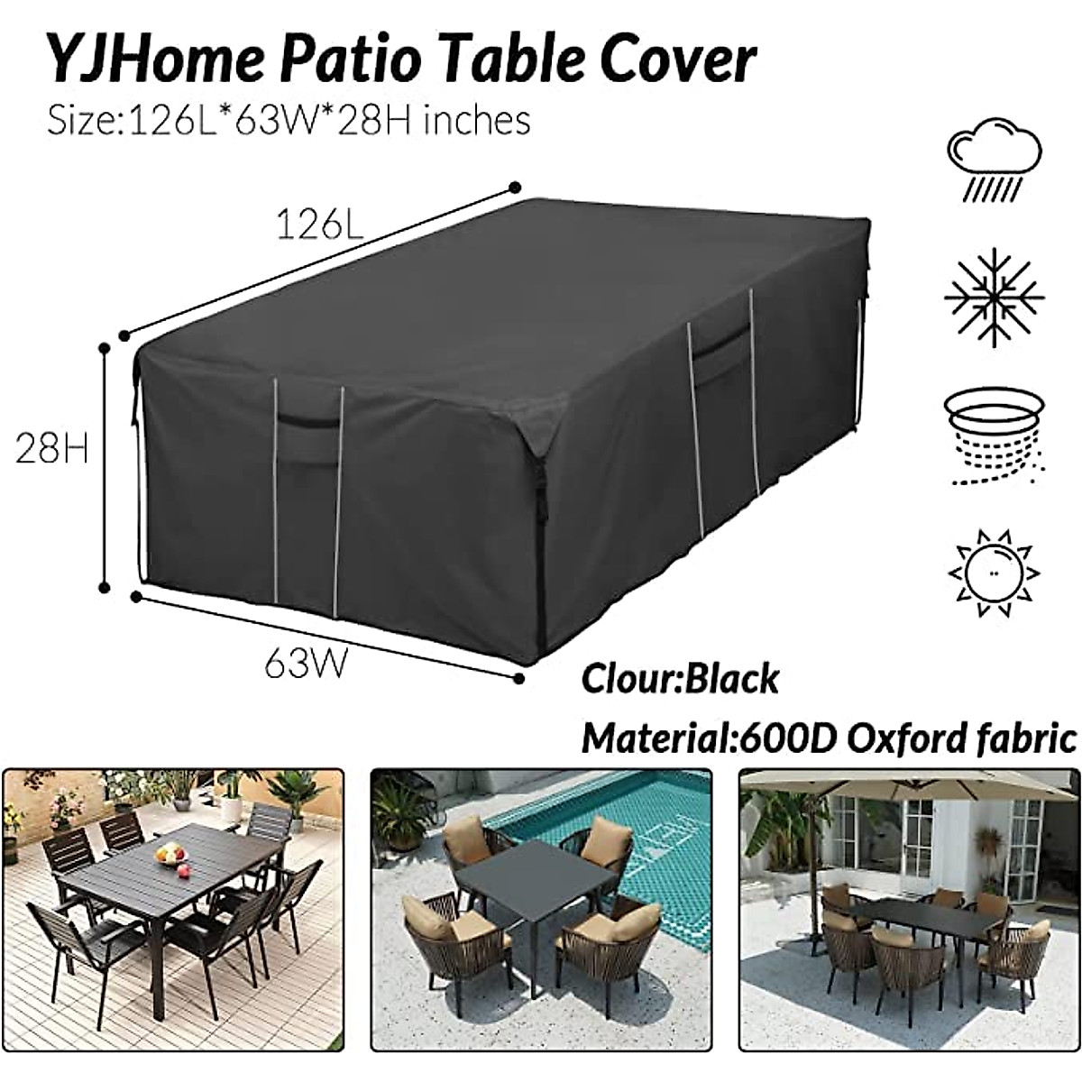 YJHome Outdoor Table Covers Waterproof Rectangle Patio Furniture Covers, Outdoor Table and Chair Set Covers, Heavy Duty Sectional Sofa Set Covers UV Resistant Large (Rectangular 126L x 63W x 28H)