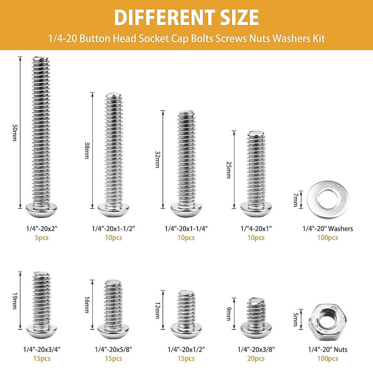 1/4-20 Hex Button Head Cap Screw, VIGRUE 300pcs 304 Stainless Steel UNC Hexagon Bolts Flat Washers Nuts Assortment Kit Machine Screws Set, 8 Sizes (Length from 3/8" to 2")