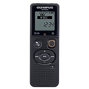 Olympus VN-541PC digital voice recorder with one-touch recording, noise-cancellation function, 4GB memory, four scenes recording, includes a micro-USB cable.