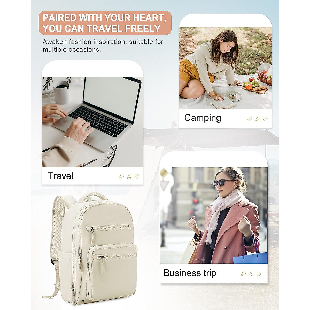 Travel Carry on Backpack, Aesthetic Laptop Backpack Purse for Women Men Airline Approved, Waterproof Personal Item Size Backpack Casual Daypacks for College, Business with USB Charging Port, Beige