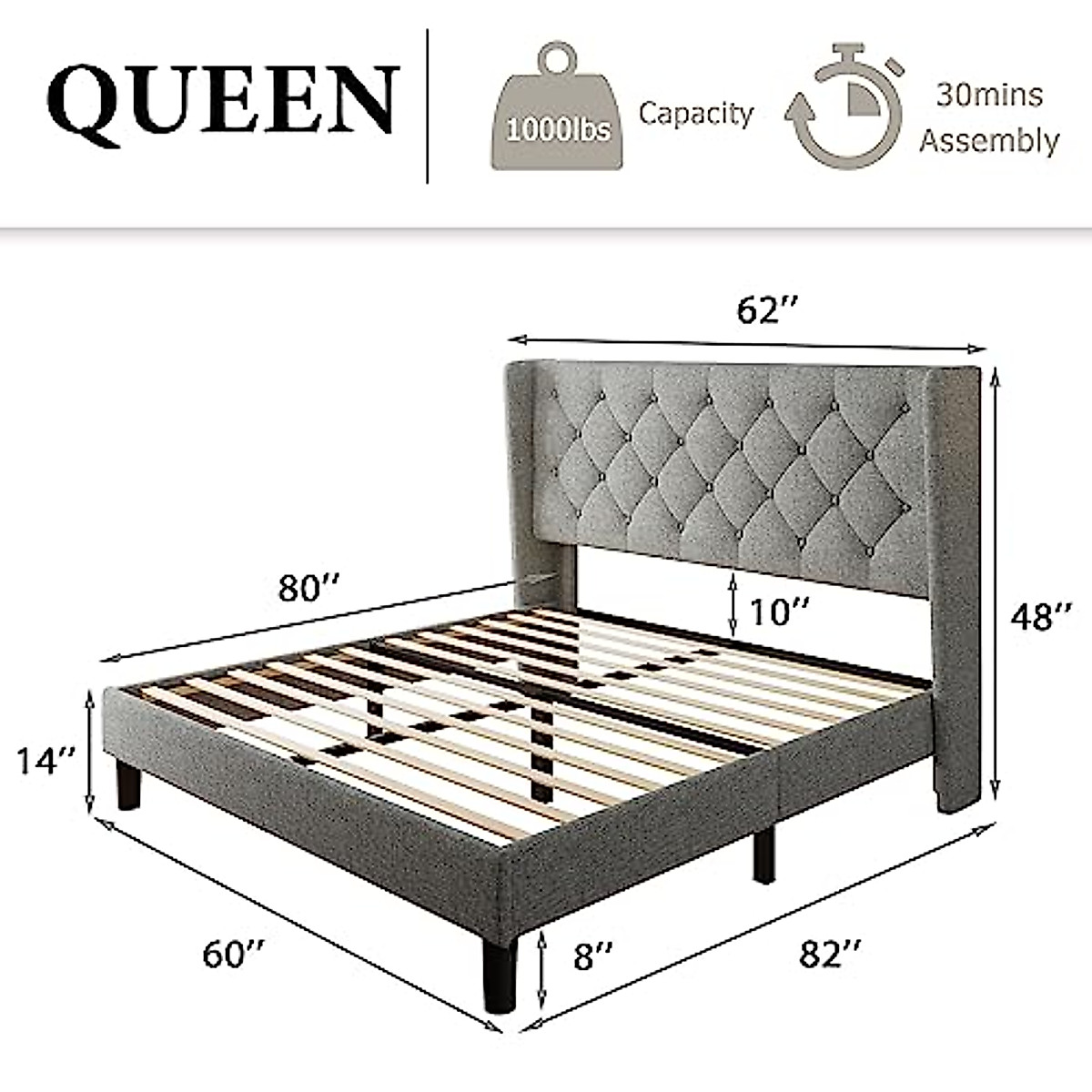 iPormis Queen Bed Frame Upholstered Wingback Platform Bed Frame with Diamond Button Tufted Headboard, 8" Under-Bed Space, Sturdy Wooden Slats, Noise-Free, No Box Spring Needed, Light Gray
