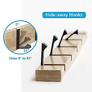JSVER Wooden Coat Hooks Coat Rack Wall Mounted, Modern Coat Rack, Space-Saving Coat Hook with 4 Standard Retractable Hooks Hat Coat Hook for Entryway, Hallway, Bathroom, Living Room, Bedroom