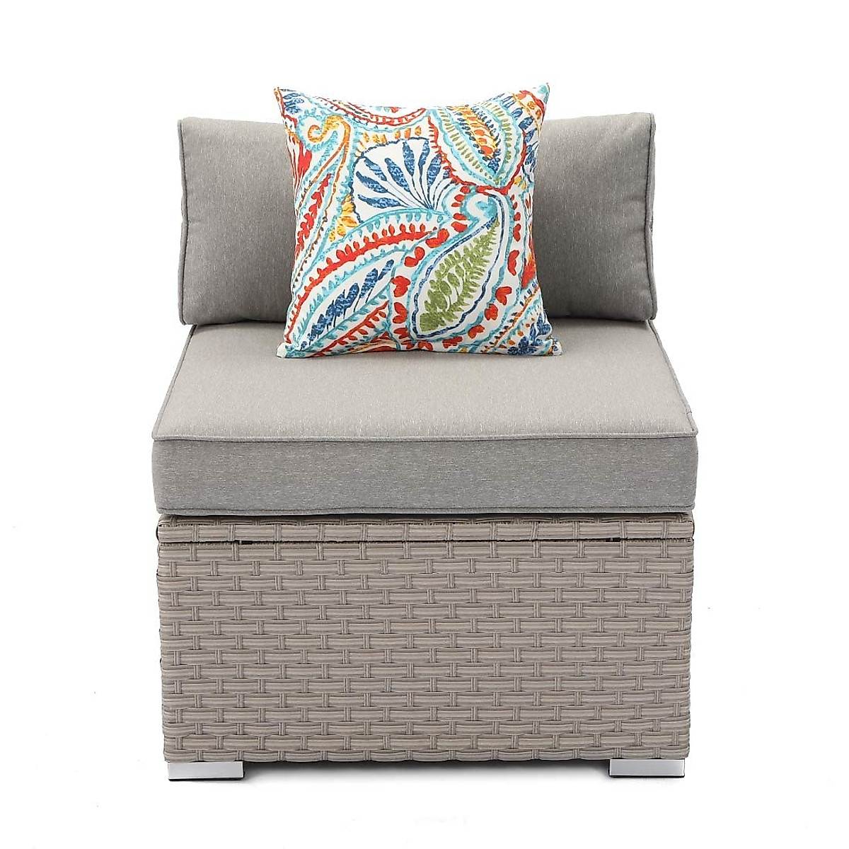 COSIEST Outdoor Furniture Add-on Armless Chair for Expanding Wicker Sectional Sofa Set w Warm Gray Thick Cushions, 1 Floral Fantasy Pillow for Garden, Pool, Backyard