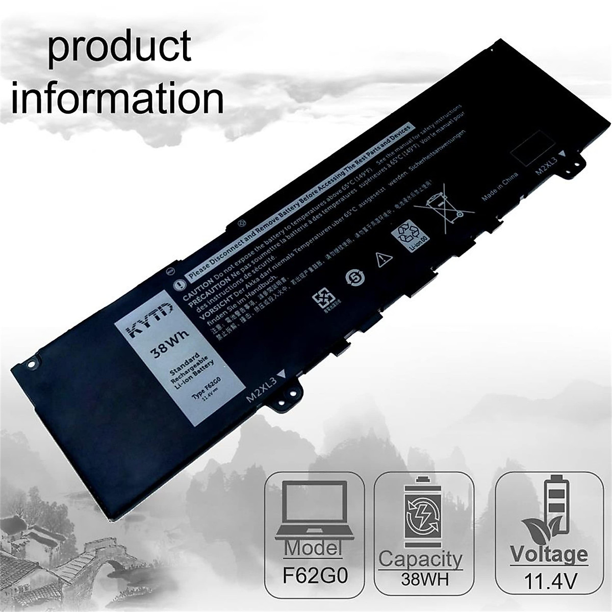 KYTD F62G0 Battery for Dell inspiron 13 5370 7370 i7373 7373 7380 7386 2-in-1 Vostro 5370 P83G P83G001 P87G P87G001 P83G002 P91G Series F62GO RPJC3 39DY5 11.4V 38Wh