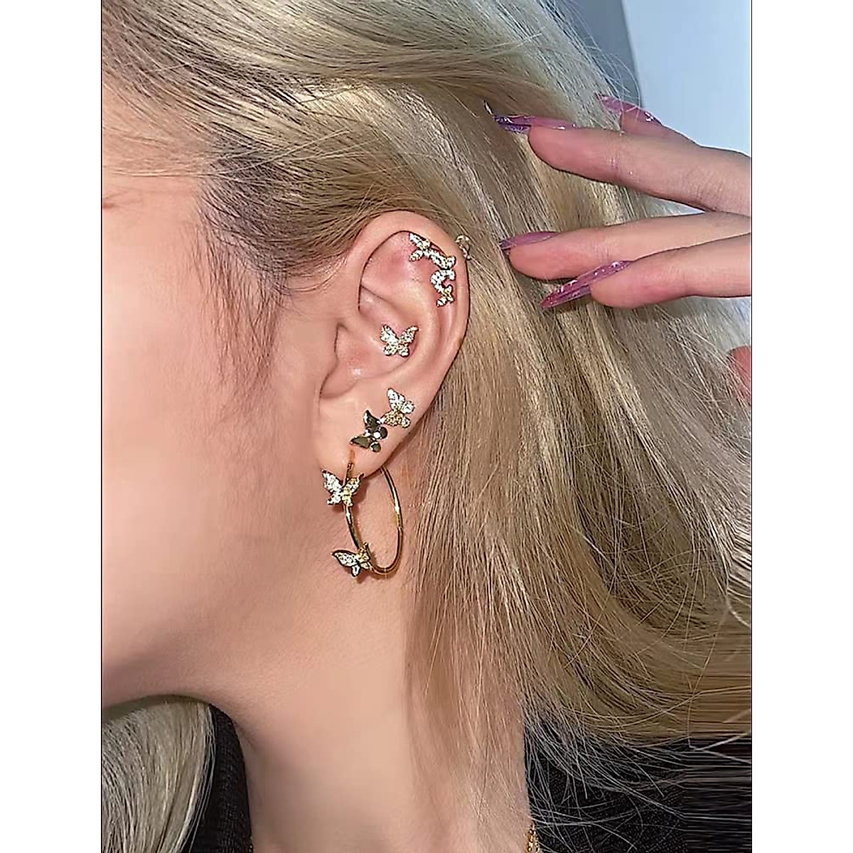 Double CZ Butterfly Dangle Hoop Earrings for Women Girls Cubic Zirconia Big Gold Hoops Click Top Lever-back Clasp Earring Dainty Huggie Mother's Day Christmas Jewelry for Wedding Party Prom