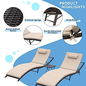 ALAULM Pool Lounge Chairs Outdoor Adjustable Chaise Lounge Chairs w/Sponge Cushion,2 Foldable & Portable Chairs and 1 Table for Poolside Patio Courtyard Seaside,Sand