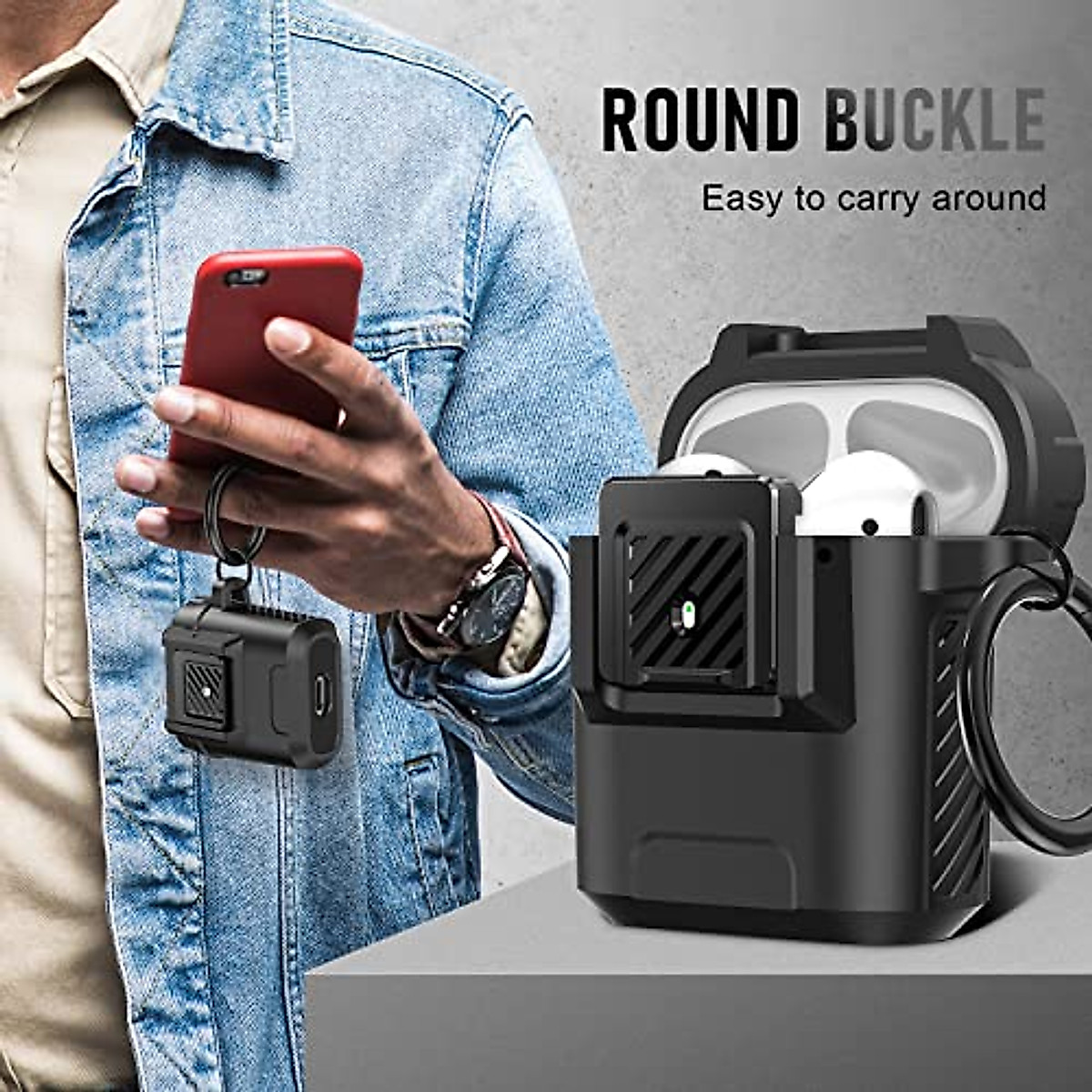 Youtec Compatible with Airpods 2&1 Case Cover with Cleaner Kit, Military Hard Shockproof Airpods Case Cover Protective Case with Automatic Secure Lock & Keychain（10 in 1） (Black-1)