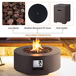 ECOTOUGE 2-Piece Outdoor Propane Firepit Table Set with Tank Table, 30 Inch Auto-Ignition Round Gas Fire Pit, 50,000 BTU Steel Fire Table w/Weather-Resistant Pit Cover, Lava Rocks, Brown