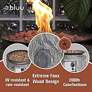 Bluu Round Propane Fire Pit Portable Gas Fire Pits for Outside with Lava Rocks, Faux Wood Fire Column Safe CSA Smokeless Firepit Great for Party on Patio, Backyard & Balcony with Tank Cover