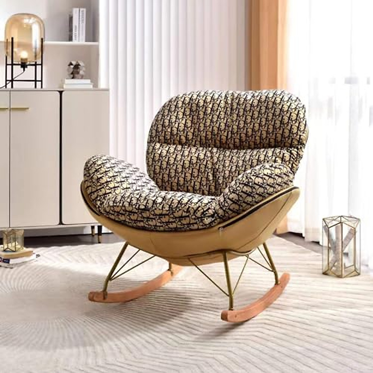 BREAUX Upholstered Rocking Armchair,Wood Base,Comfy Uplostered Accent Chair for Living Room,Outdoor Patio Rocking Chairs(B)