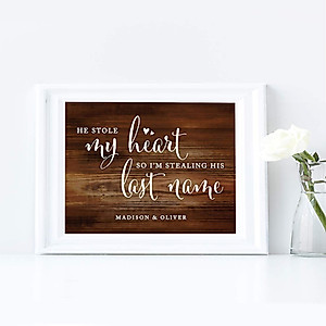 Andaz Press Personalized Wedding Party Signs, Rustic Wood Print, 8.5-inch x 11-inch, He Stole My Heart, So I'm Stealing His Last Name, 1-Pack