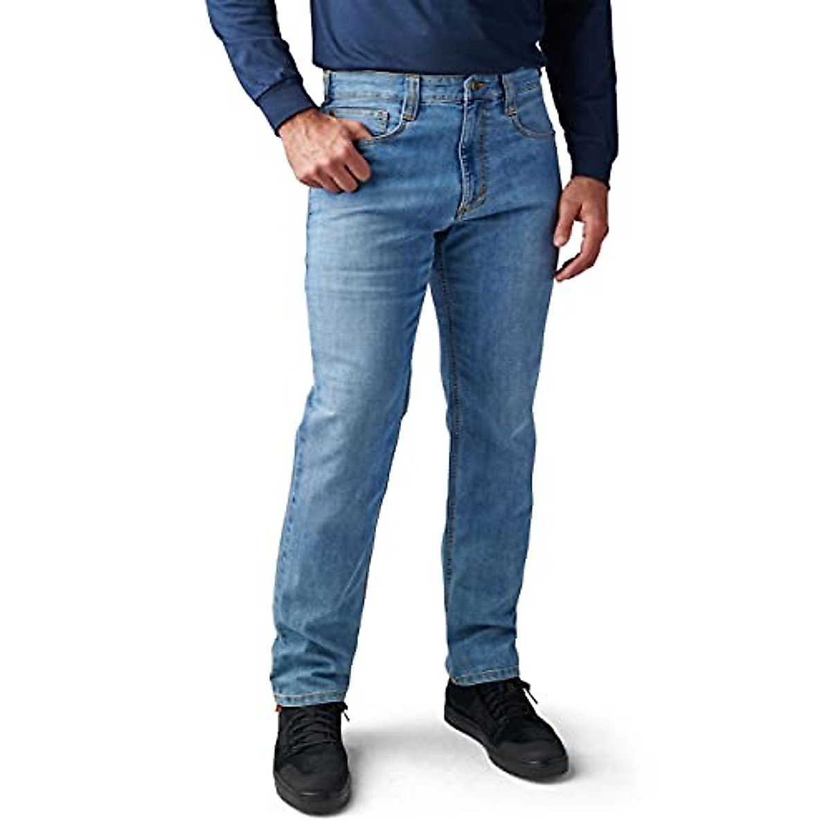 5.11 Tactical Defender-Flex Straight Jeans, Mechanical Stretch Fabric, Classic Pockets, Style 74477 Long Classic Pants, 44Wx30L, Dark Wash Indigo