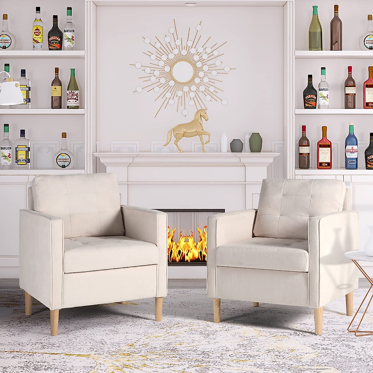 STHOUYN Mid Century Modern Home Office Upholstered Fabric Accent Chairs Set of 2 with Arms Reading Chair Club Chair, Living Room Bedroom Office, White (2, White)