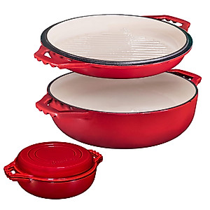 Bruntmor 2-in-1 Pre-Seasoned Cast Iron Pan |Cocotte Double Braiser Pan with Grill Lid 3.3 Quarts - Barbecue Grill Non Stick Frying Pan - Nonstick Cookware Set with Wide Handle (Red)