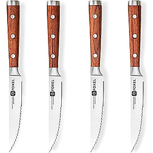 FOXEL Best Serrated Steak Knives Knife Set of 4, 8, or 12 Piece w/Covers - Heavy Duty Restaurant Quality - German Stainless Steel 1.4116 Blade - Natural Sandal Wood Full Tang Handle - Hand Wash Only