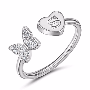 Sora Tuki S Initial Ring for Women Silver Letter Ring Adjustable Rings Butterfly Heart Initial Rings for Women Dainty Stackable Rings Cute Silver Rings