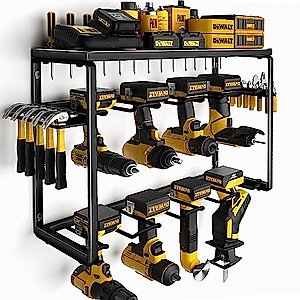 Spampur Power Tool Organizer, 8 Drill Holders Wall Mount, 3 Layer Heavy Duty Metal Storage for Garage Organization, Tools Storage with Hooks, Screwdriver Hammer Holder, Father's Day Men Gifts