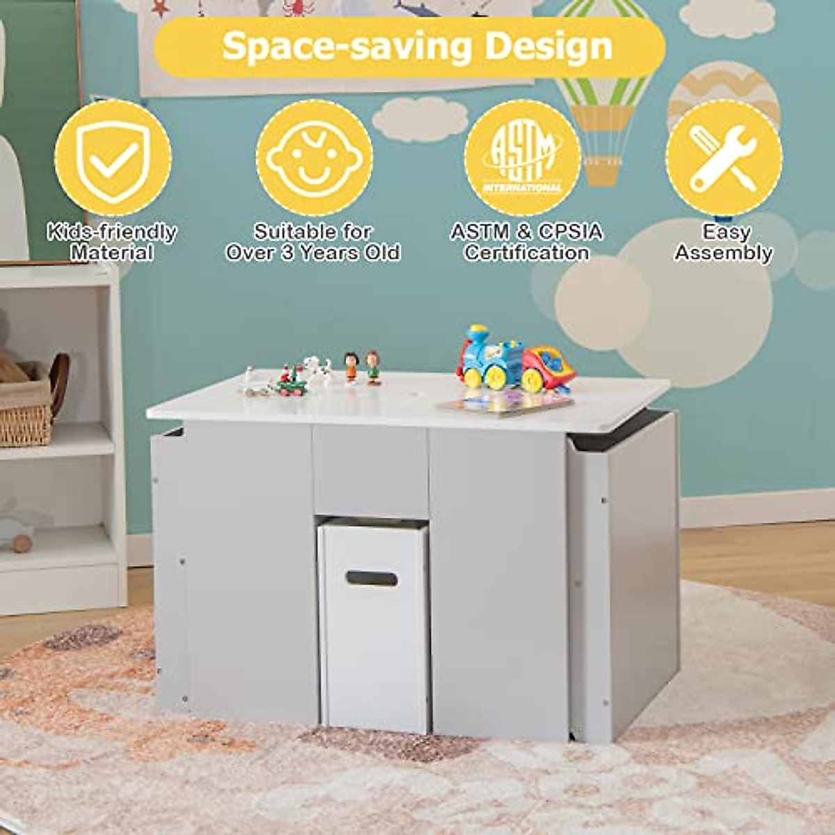 Costzon Kids Table and Chair Set, 4-in-1 Activity Table and 2 Chairs Set for Drawing, Reading, Multi-Purpose Kid’s Desk w/Lid, Removable Under Table Storage Bin, Stackable Chairs Cabinet (Grey)