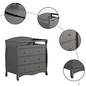 Guangshuohui 3-Drawer Changing Table, Wooden Bed Nursing Table Infant Diaper Changing Station with Drawers, Safety Rails & Strap, Baby Changing Table Dresser for Nursery, Easy Assembly (Grey)