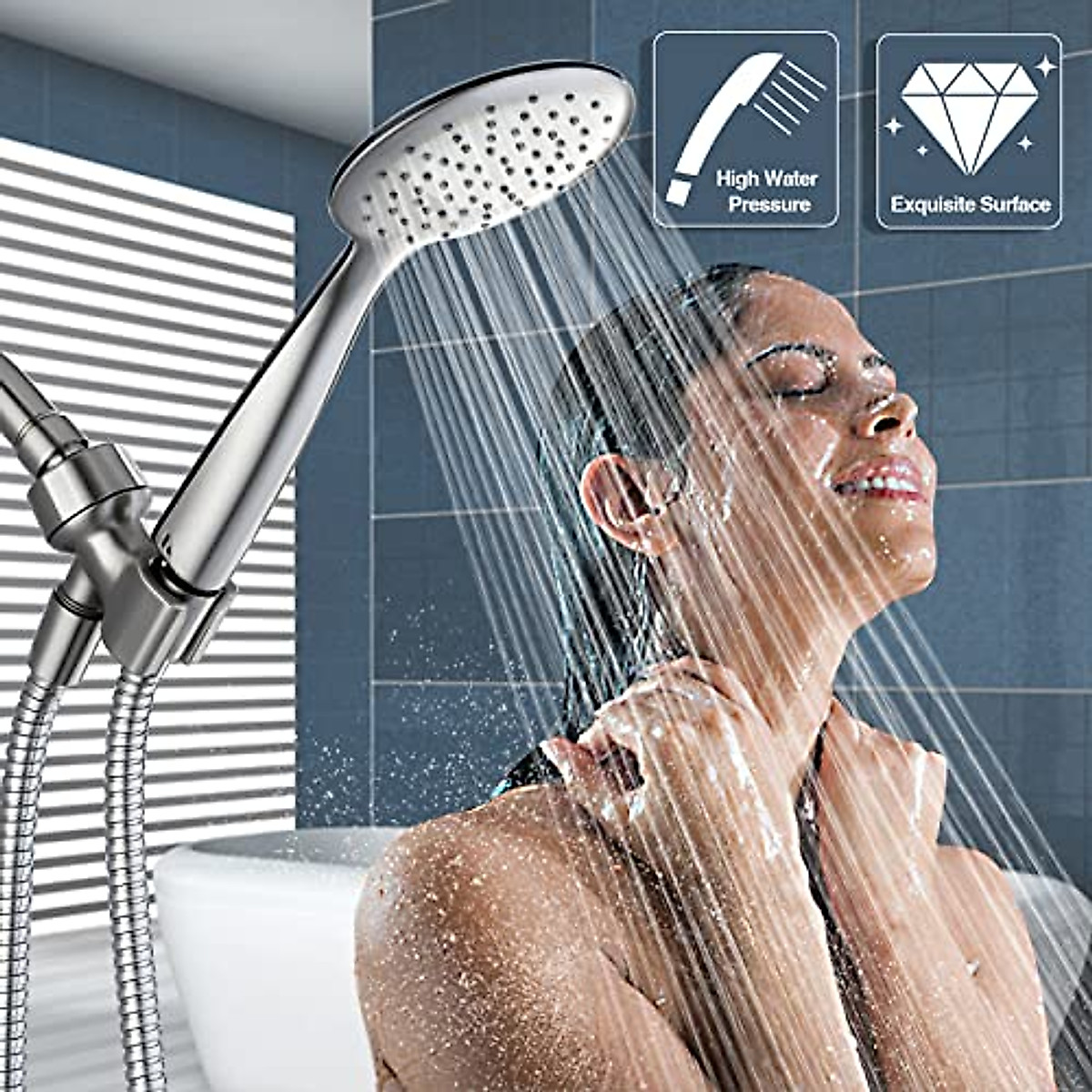 BRIGHT SHOWERS High Pressure Handheld Shower Head Set, Hand Held Showerhead with 60 Inch Flexible Shower Hose and Adjustable Shower Arm Mount Bracket, Detachable Shower Wand, Brushed Nickel