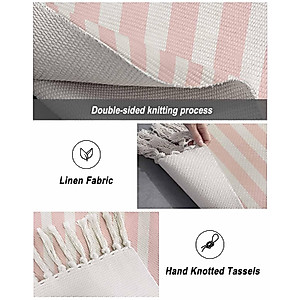 Pink Stripe Bath Rug 2x3ft Woven Bathroom Entryway Runner Rug,White Geometric Striped Modern Boho Minimalist Art Washable Living Room Hallway Bedroom Kitchen Carpet with Tassels Indoor Throw Doormat