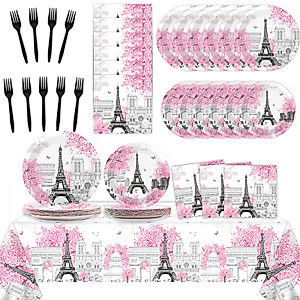 98 Pcs Paris Eiffel Tower Tableware Set Paris Eiffel Tower Party Plates Napkins Paris Table Cover Eiffel Tower Dinnerware for Kid Boy Girl Birthday Weddings Party Decorations Favors for 24 Guest