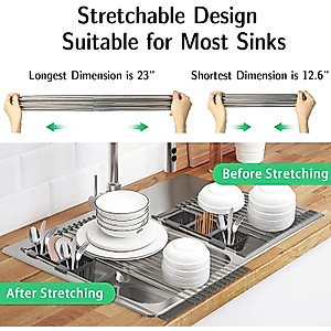 EXTREE Roll Up Dish Drying Rack, Adjustable 12.6"(W) to 23”(L), Over The Sink for Kitchen Sink Foldable Dish Draine with Utensil Holders SUS304 Stainless Steel Sink Rack