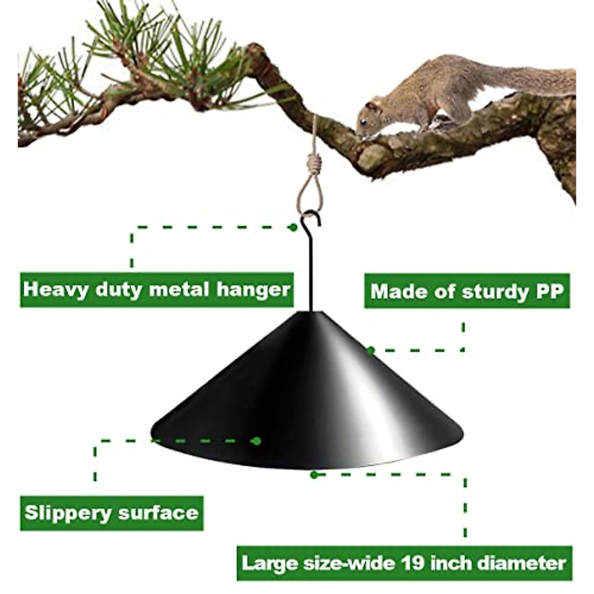 Fandature 19 Inch PP Squirrel Proof Baffle for Protecting Outside Pole Bird Feeders and Bird Houses, Hang Mount Raccoon and Squirrel Guard Stopper for Shepherd Hooks - Black, 1 Pack