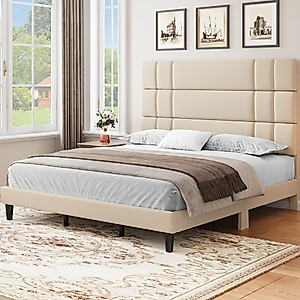 YITAHOME King Bed Frame Linen Fabric Upholstered Platform with Headboard and Strong Wooden Slats, Non-Slip and Noise-Free,No Box Spring Needed, Easy Assembly,Beige