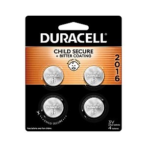 Duracell 2016 Lithium Battery, 4 Count (Pack of 1), Child Safety Features, Lithium Coin Battery for Key Fob, Car Remote, and other devices CR2016 Lithium 3 Volt (3V) Cell
