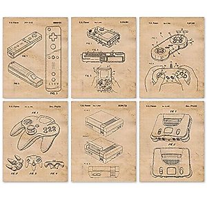 Vintage Video Games Console Controller Patent Prints, 6 (8x10) Unframed Photos, Wall Art Decor Gifts Under 25 for Home Office Garage Man Cave Shop College Student Teacher Comic-Con Movies Gaming Fan