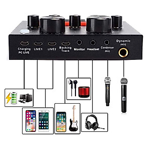 Bluetooth Sound Mixer Board, V8 Sound Card, for Live Streaming with Effects, for Music Recording Karaoke Singing Broadcast on Cell Phone Computer Laptop Tablet