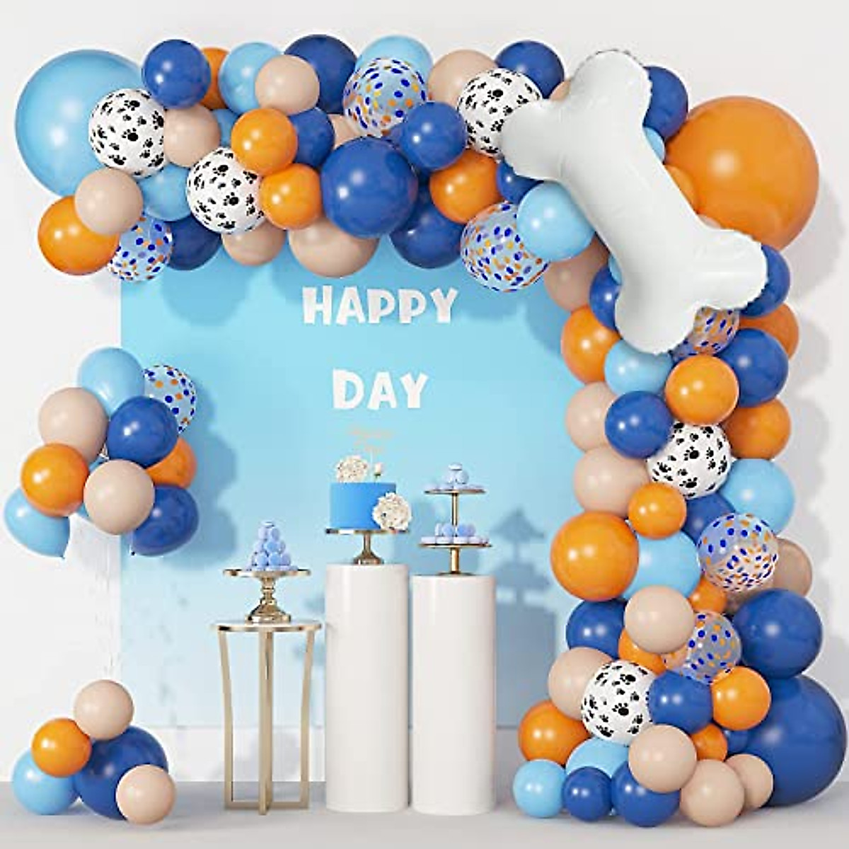 121Pcs Blue Birthday Party Supplies Balloons Garland Kit, Blush Nude Blue Orange Dog Paw Balloons Arch Bone Balloon for Boys Girls Baby Shower Blue Theme Birthday Party Decorations