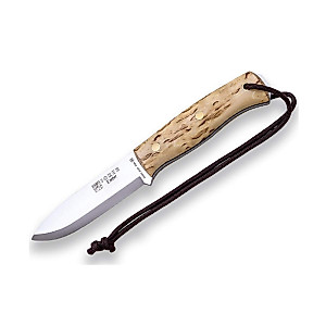 Joker Hunting Knife Ember Scandi CL122, 4.13 inches Blade Sandvik 14C24N Steel, Curly Birch Wood Handle, Leather Sheath, Tool for Fishing, Hunting, Camping and Hiking