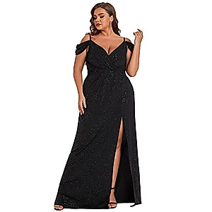 Ever-Pretty Plus Women's Curve V-Neck Cap Sleeves Leg Slit Long Plus Size Dress for Women Formal Black US22